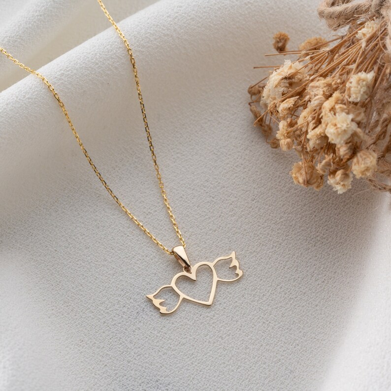 14K Solid Gold Angel Wing Necklace Winged Heart Necklace - Etsy