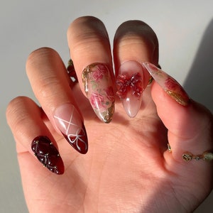 SIENA | Floral Coquette Press on Nails | Deep Red Blush Nails ...