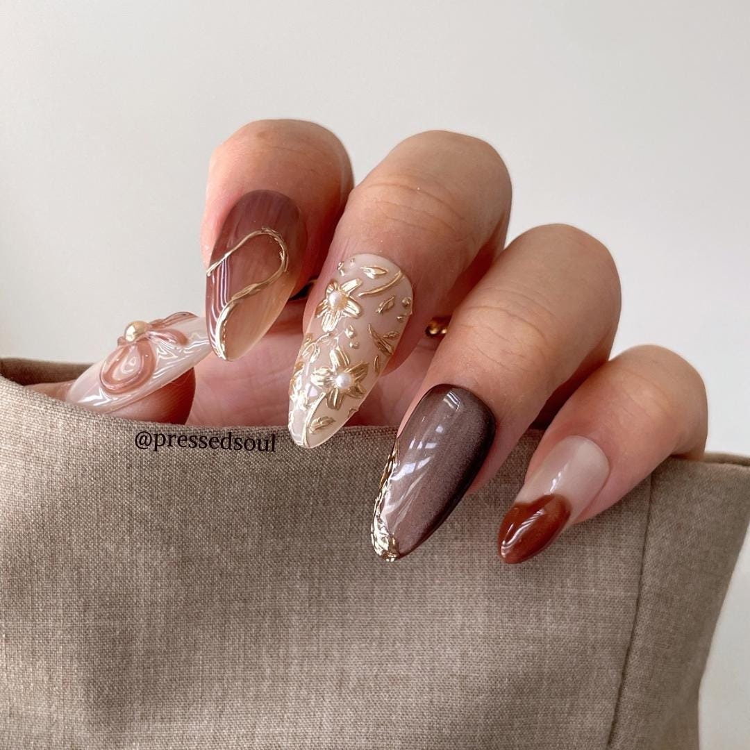 CHAIRO | Brown Gold Floral Press on Nails | Brown Cat Eye Nails | 3D ...