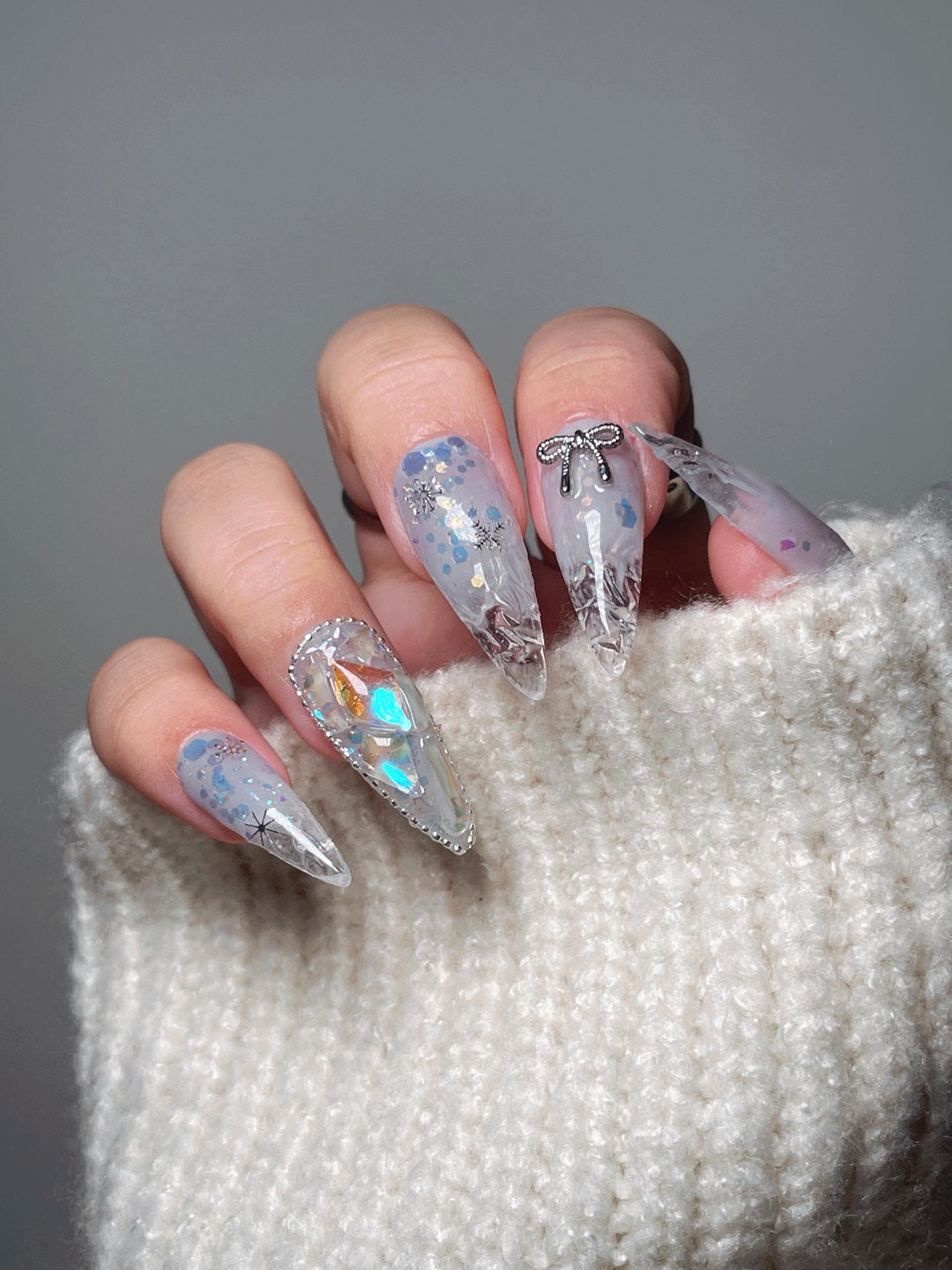SEOLI | Frosted Icicle Tip Press on Nails | Glass Nails | Aurora Ice ...