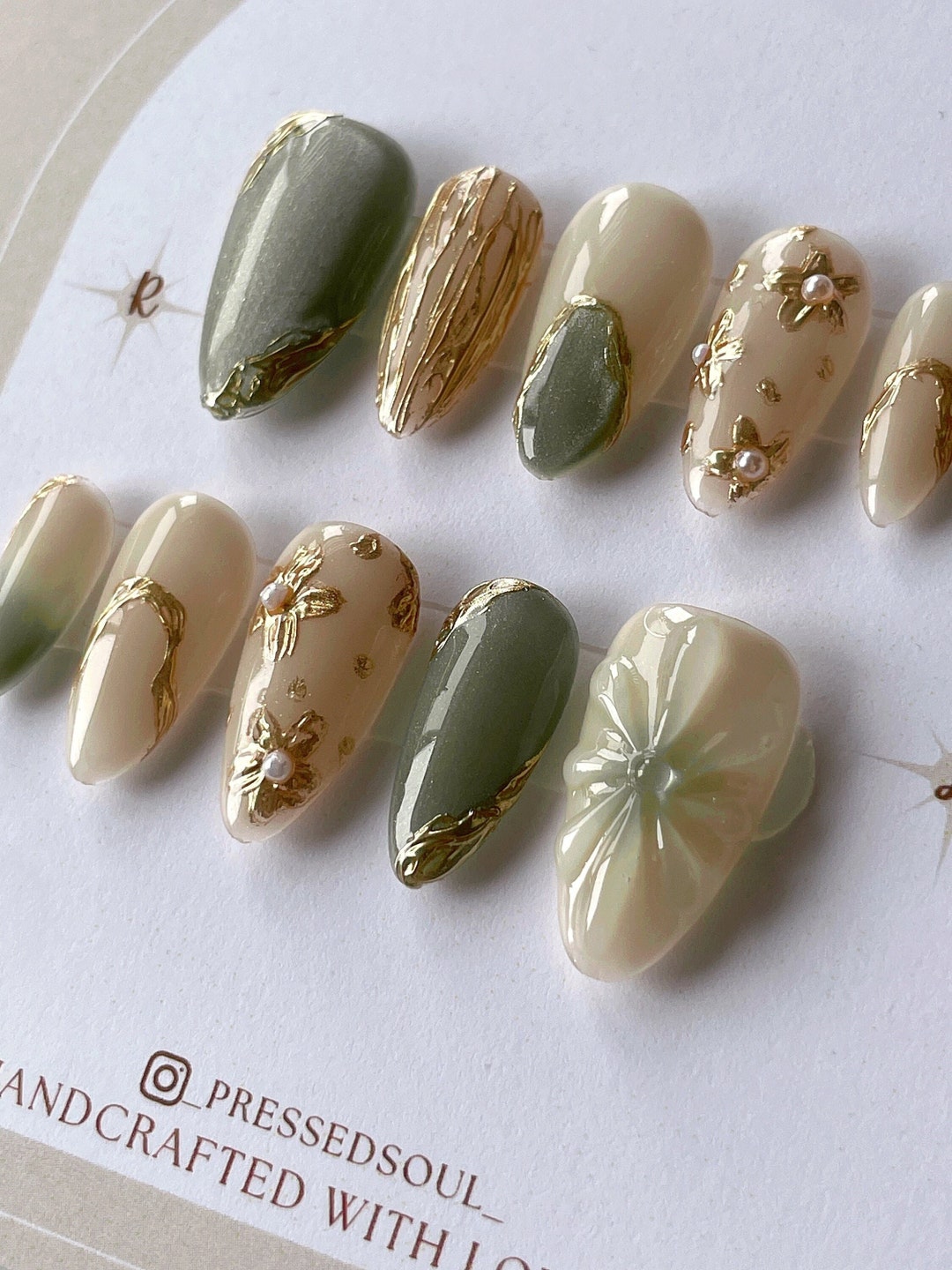 MIDORI | Gold Floral Nail Art Press on Nails | Jade Magnetic Nails | 3D ...