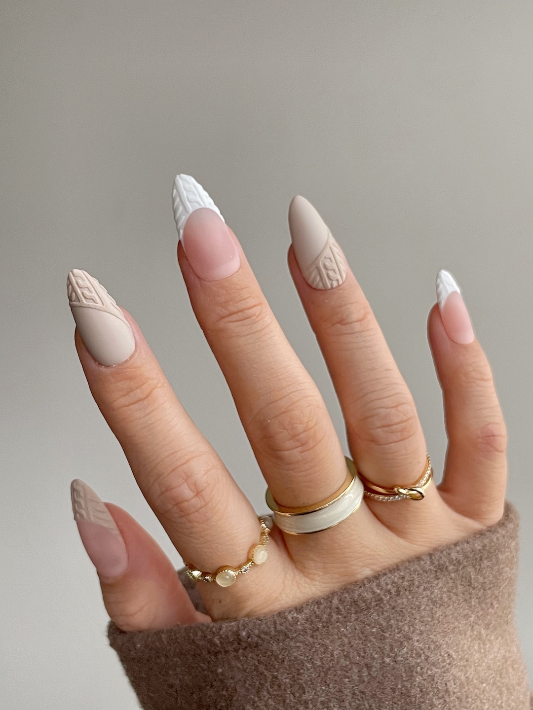 CHRISSIE | Nude Beige French Tip Press on Nails | Embossed Sweater ...
