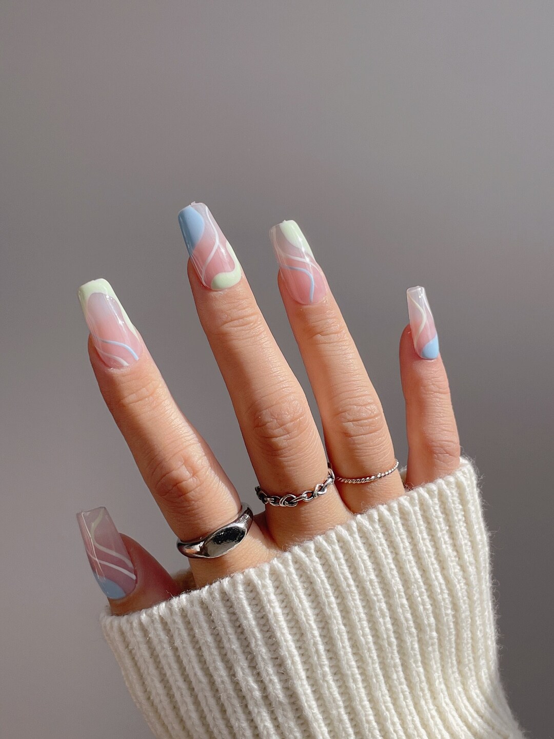 ELOISE Abstract Press on Nails Line Art Nails Blue Green Contrast Nails ...