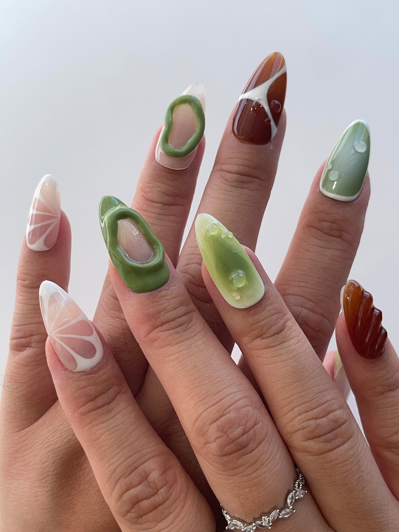 FREYA | Y2K Graffiti Press on Nails | Lily Pad Nails | Abstract Green ...