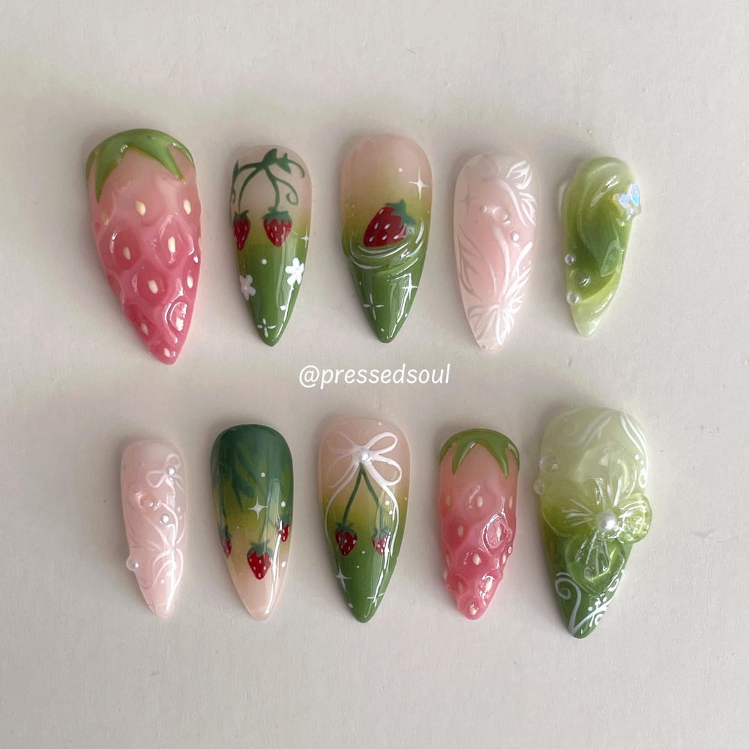 CARMI | Strawberry Garden Press on Nails | Spring Garden Nails ...