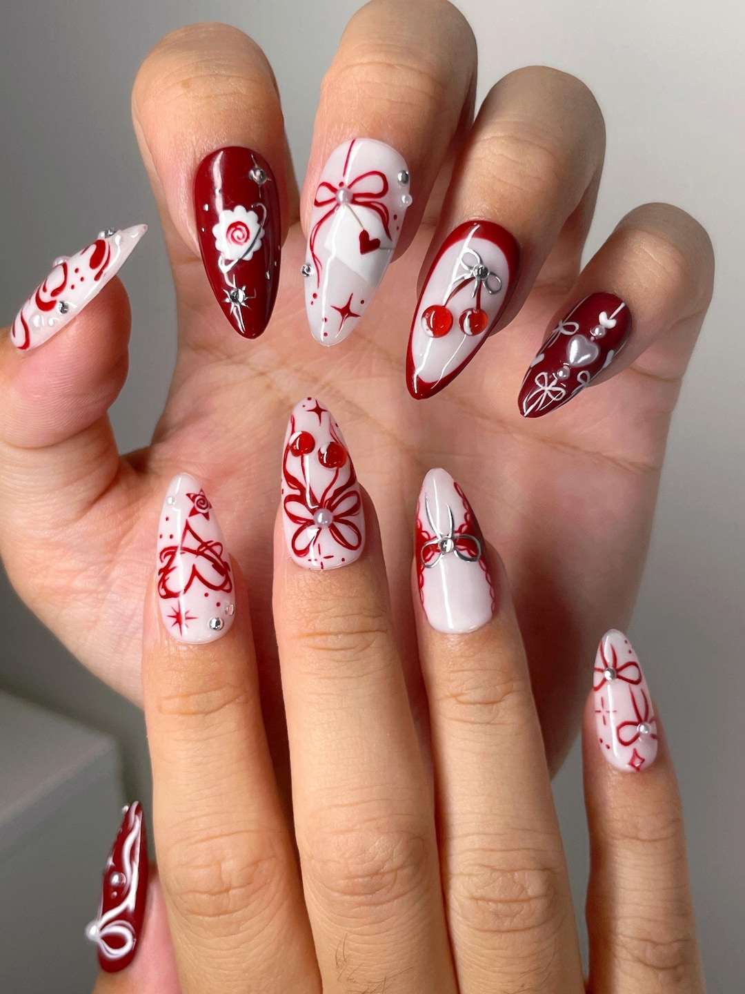 CARYS | Red Ribbon Cherry Press on Nails | Handpainted Nail Art | 3D ...