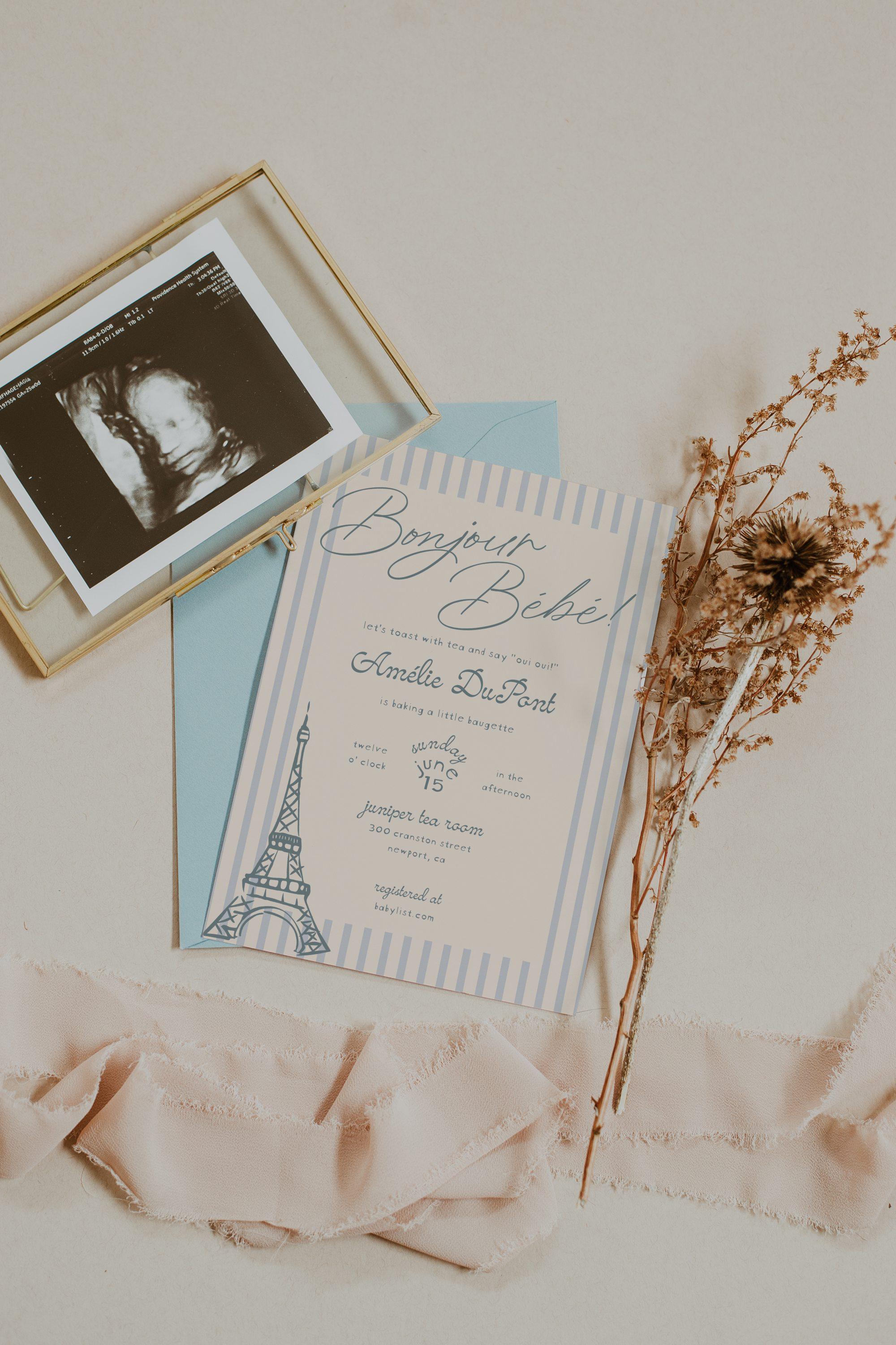 Blue Parisian Baby Shower Invitation - Bonjour Bebe Blue Baby Shower ...