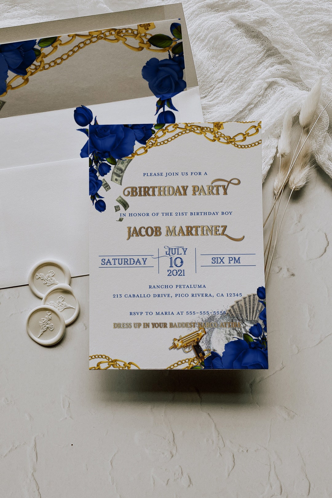 Mens Gangster Birthday Invitation - Narco Birthday Invitation - Blue ...