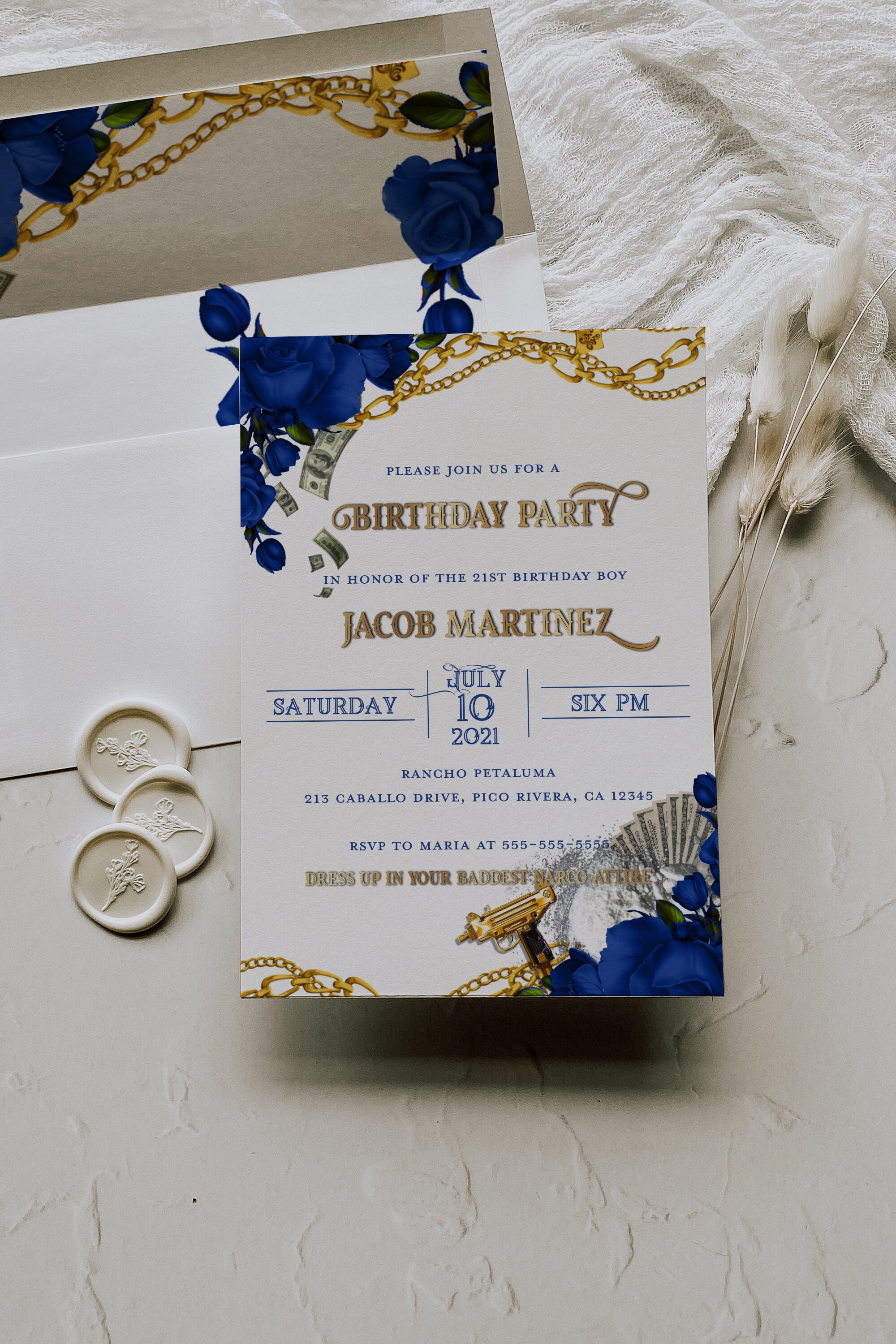 Mens Gangster Birthday Invitation - Narco Birthday Invitation - Blue ...
