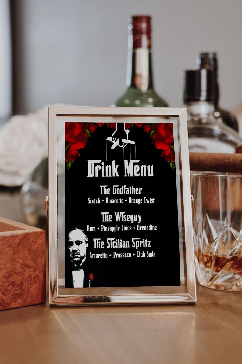 Mobster Bar Menu Template - Men's Birthday Bar Menu - Mobster Party Bar ...