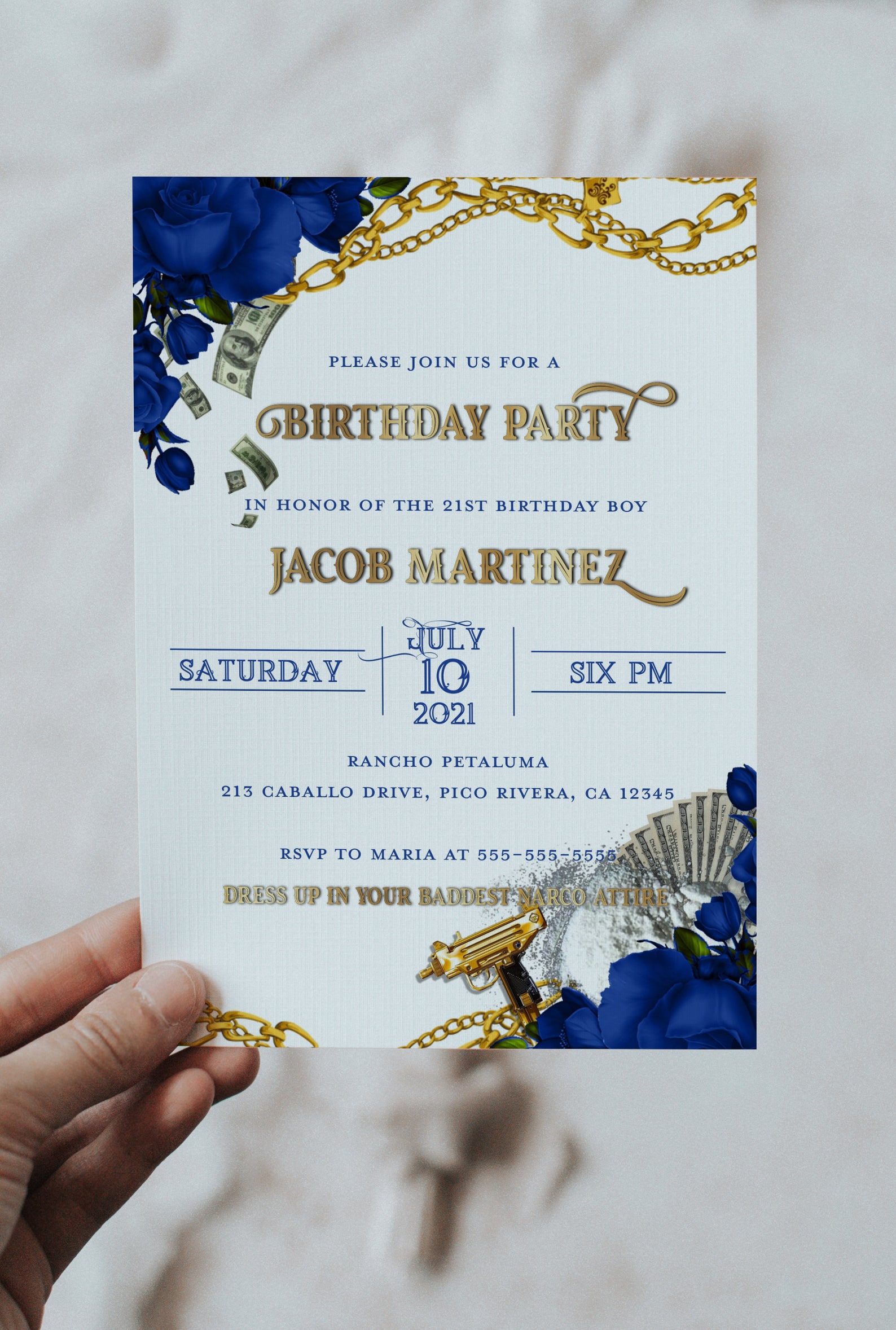 Mens Gangster Birthday Invitation - Narco Birthday Invitation - Blue ...