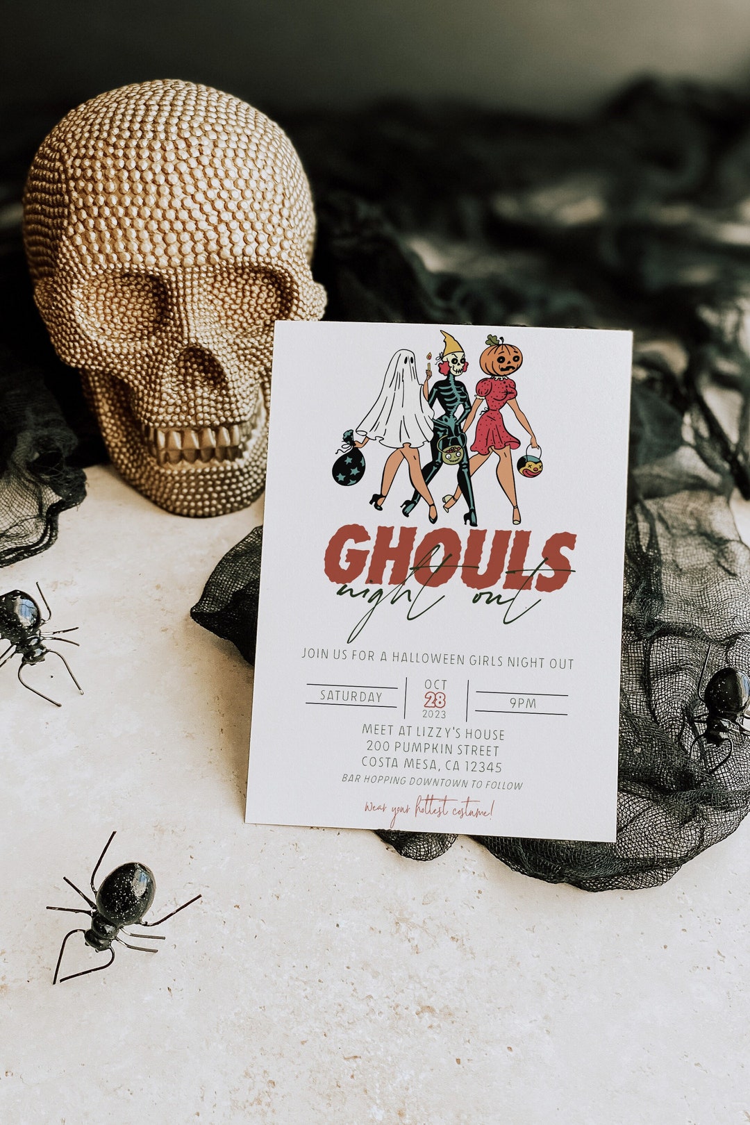 Editable Retro Halloween Invitation - Girls Night Halloween Invitation ...