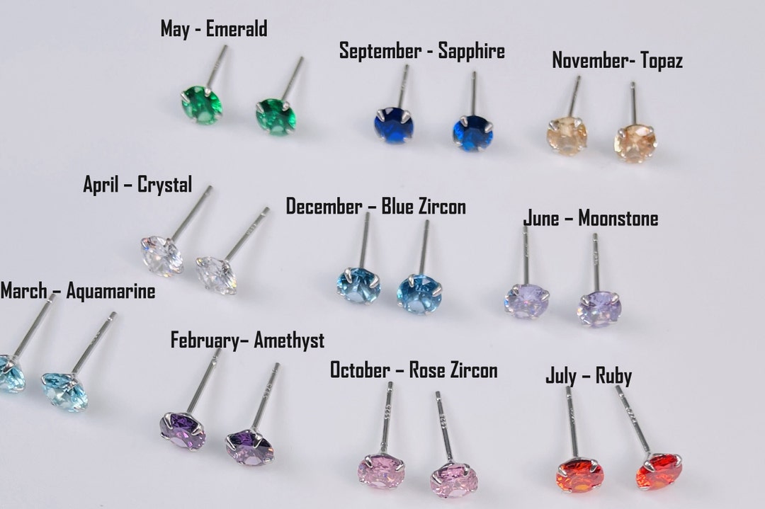 Sterling Silver Birthstone Stud Earrings, Birthstone CZ Earrings ...