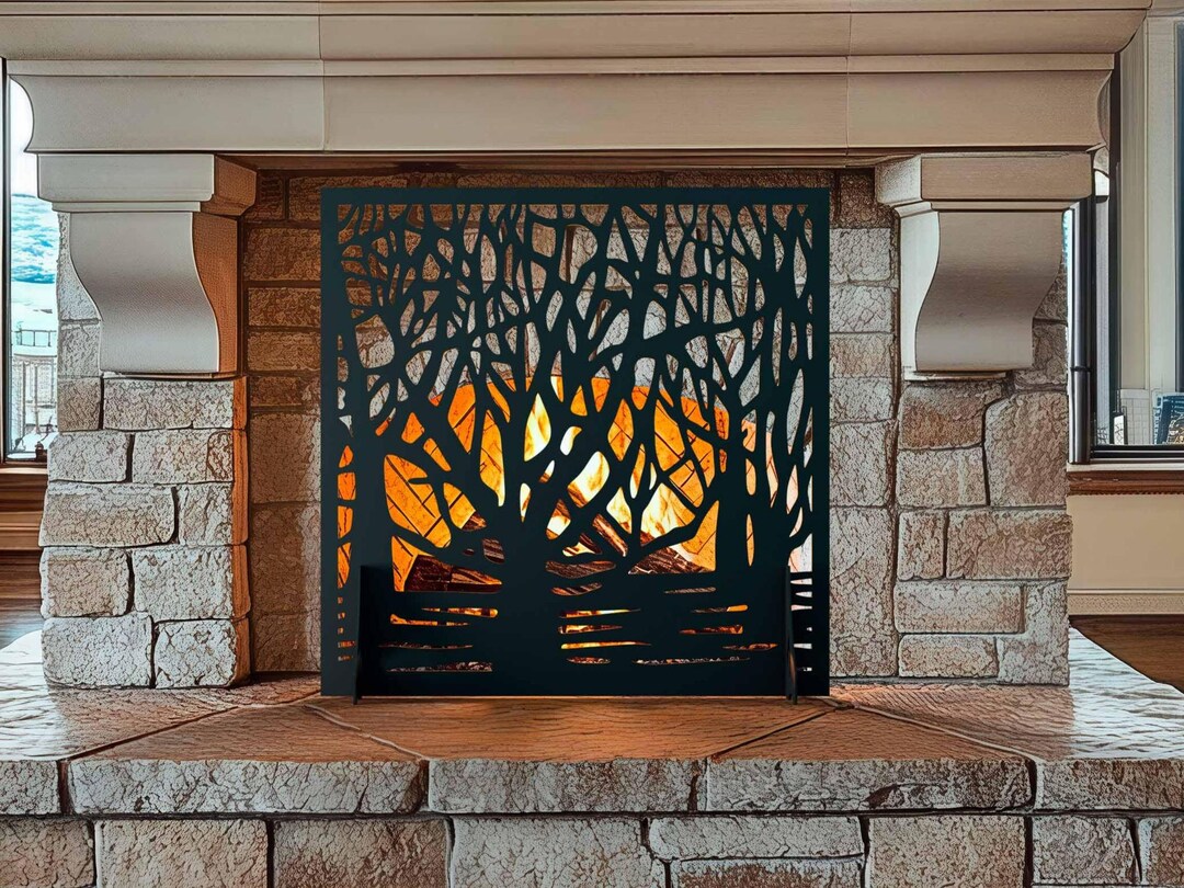Forest Tree Fireplace Screen, Laser Cut Metal Fire Guard, Nature ...