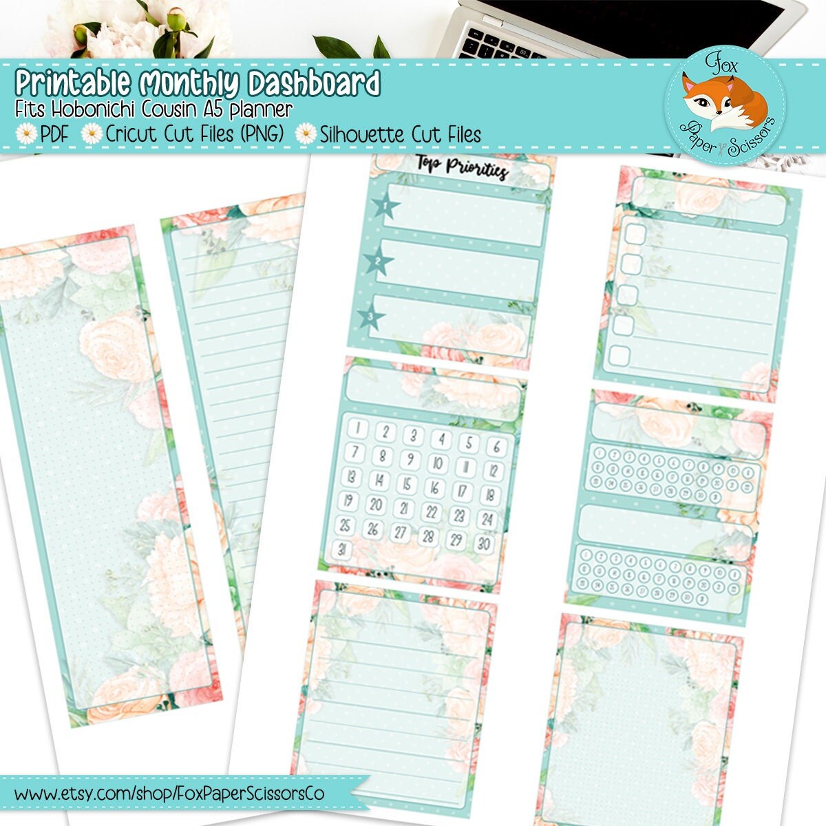 Hobonichi Cousin Printable Monthly Dashboard Aqua Flowers Hobonichi Techo A5 Printable Planner ...