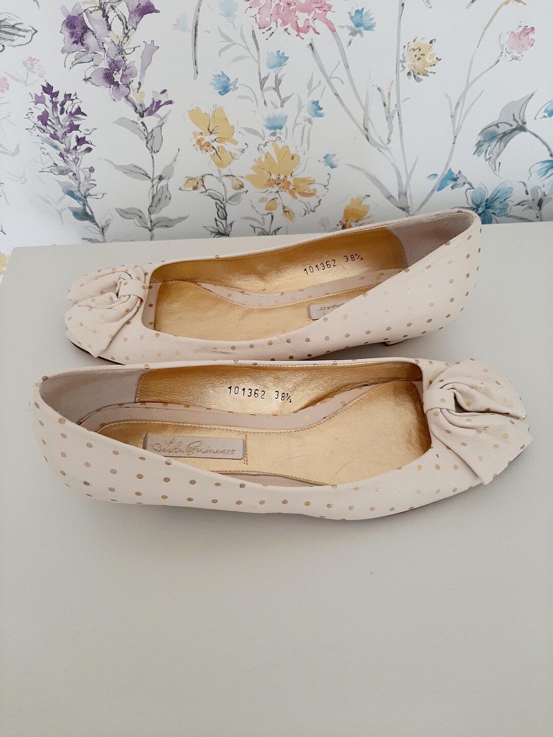 Vintage Lulu Guinness Ballerina Flats: Ivory Gold Polka Dot Bridal ...