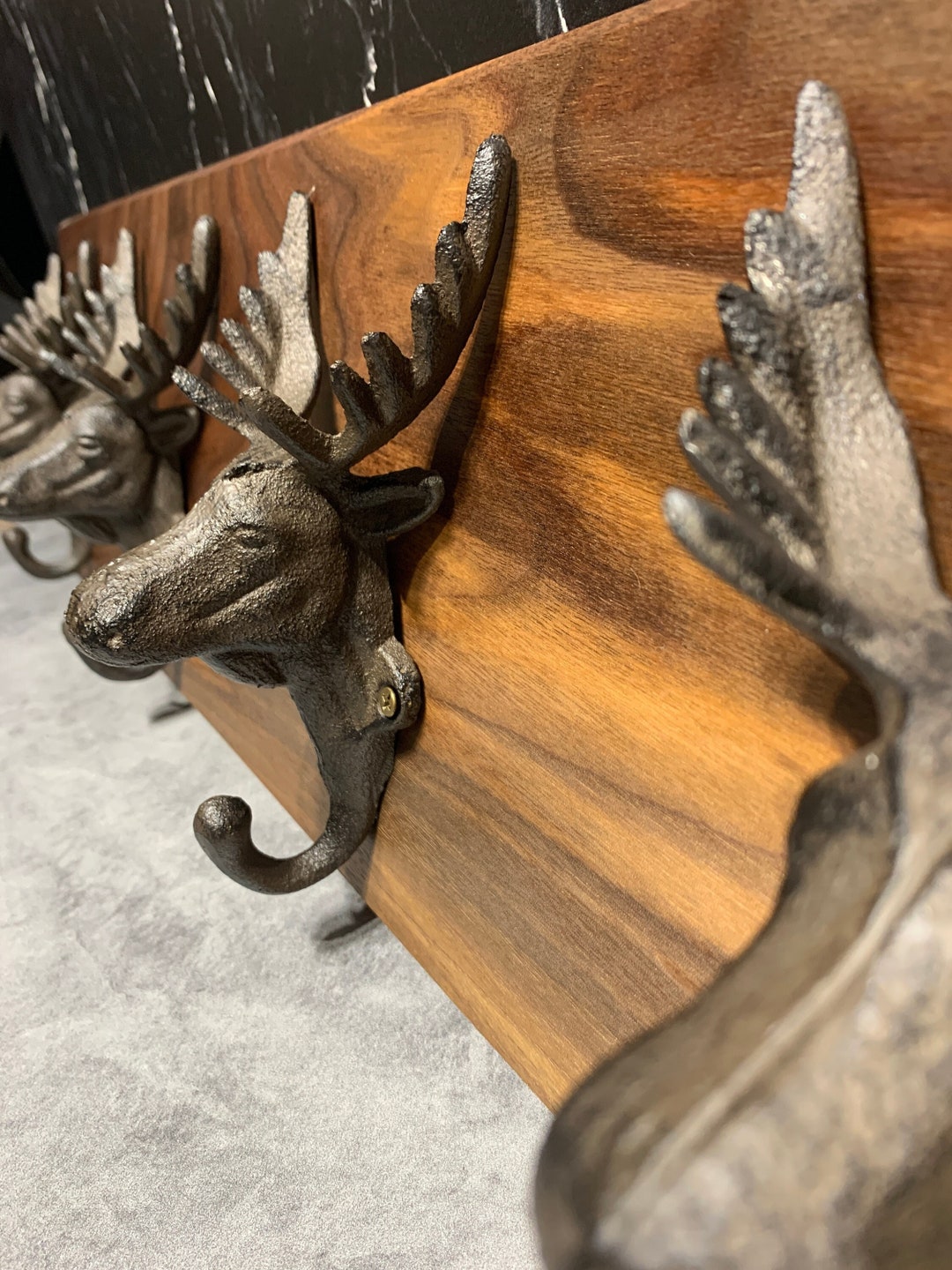 Moose Wall Rack 4 Rustic Cast Iron Moose Antler Hooks on Figured Black ...