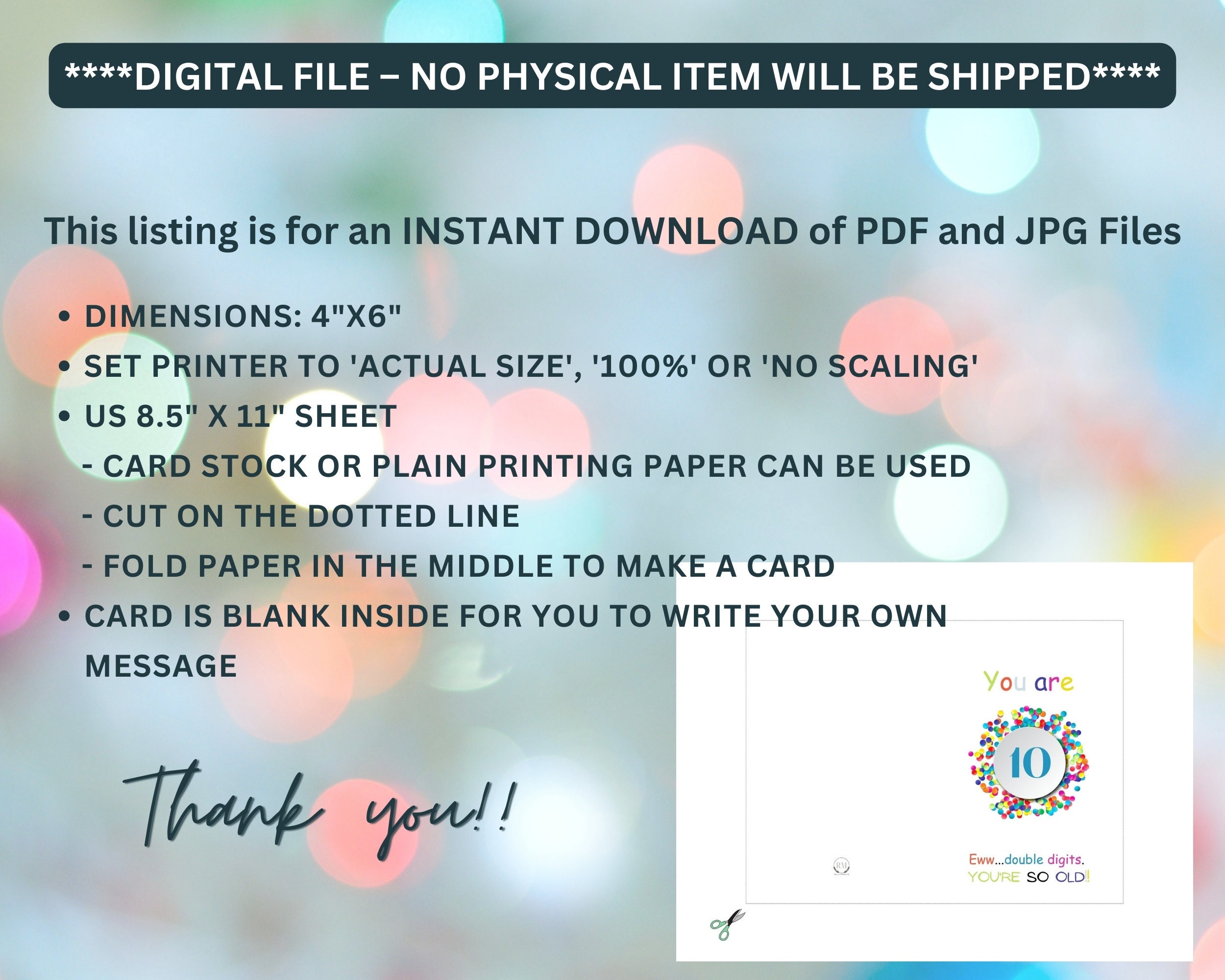 Printable 4"x6" Birthday Card | 10 Years Old Birthday | Birthday Card ...