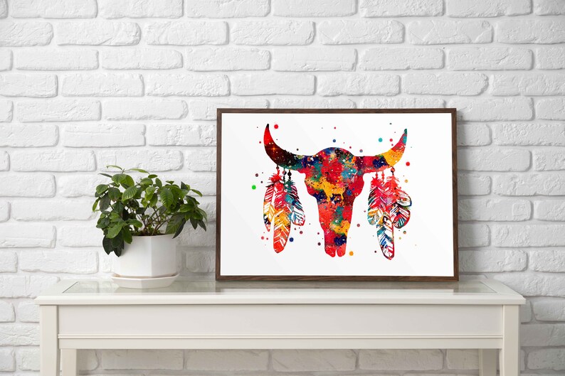 Native American Buffalo Skull Watercolor Prints Animal Wall Decor ...