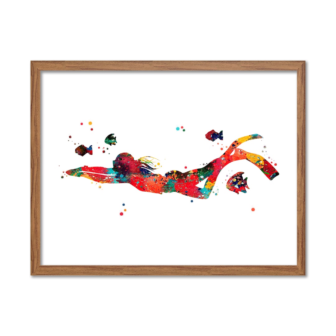 Scuba Diving Girl Watercolor Print Female Scuba Diver Deep Sea Diving ...