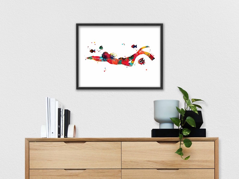 Scuba Diving Girl Watercolor Print Female Scuba Diver Deep Sea Diving ...