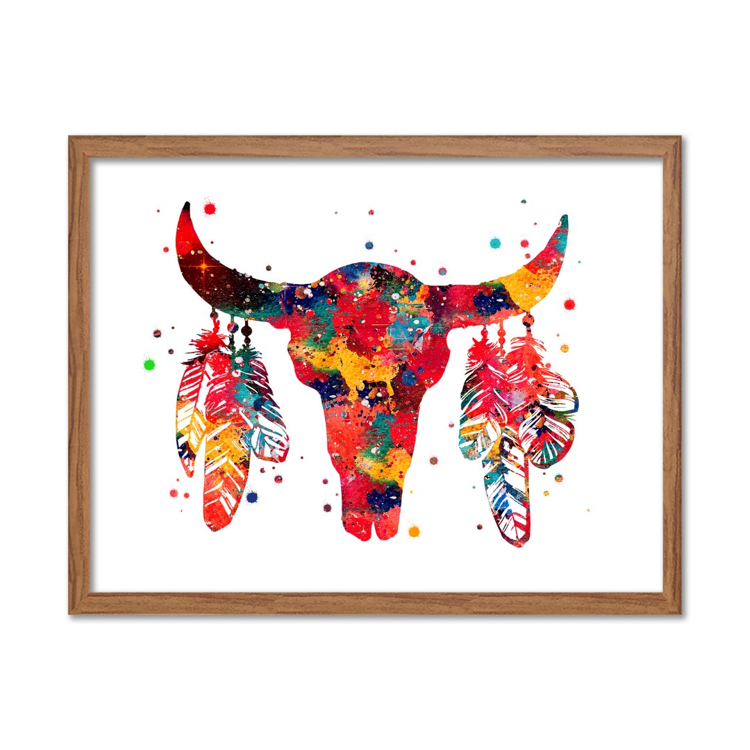 Native American Buffalo Skull Watercolor Prints Animal Wall Decor ...