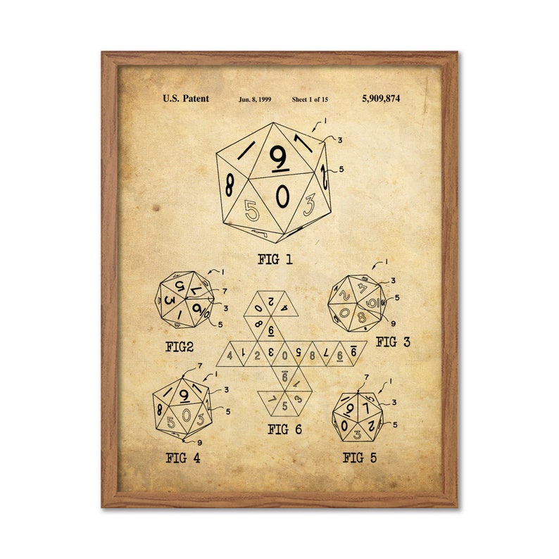 20-sided Dice Patent Print Icosahedron Die Art Print D&D Wall Decor ...