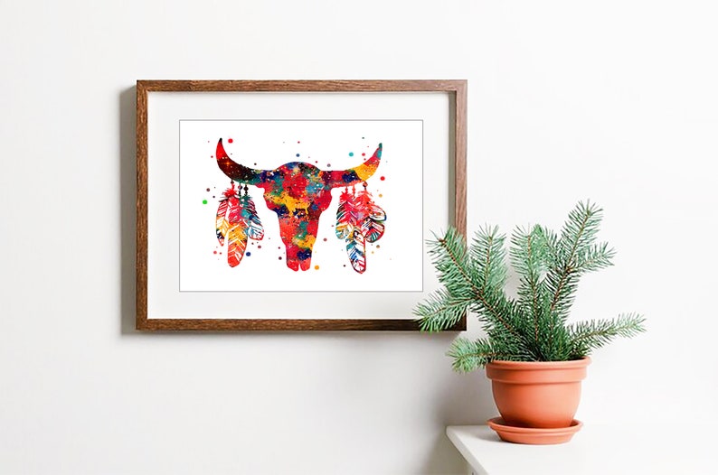 Native American Buffalo Skull Watercolor Prints Animal Wall Decor ...