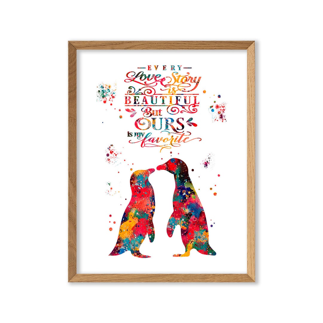 Penguins Love Story Watercolor Print Couple Wedding Engagement ...