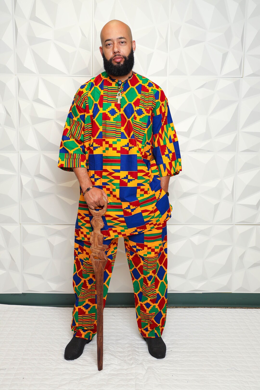 Mens African Ankara Print Tunic & Pant Set for Men Blue Casual Two ...