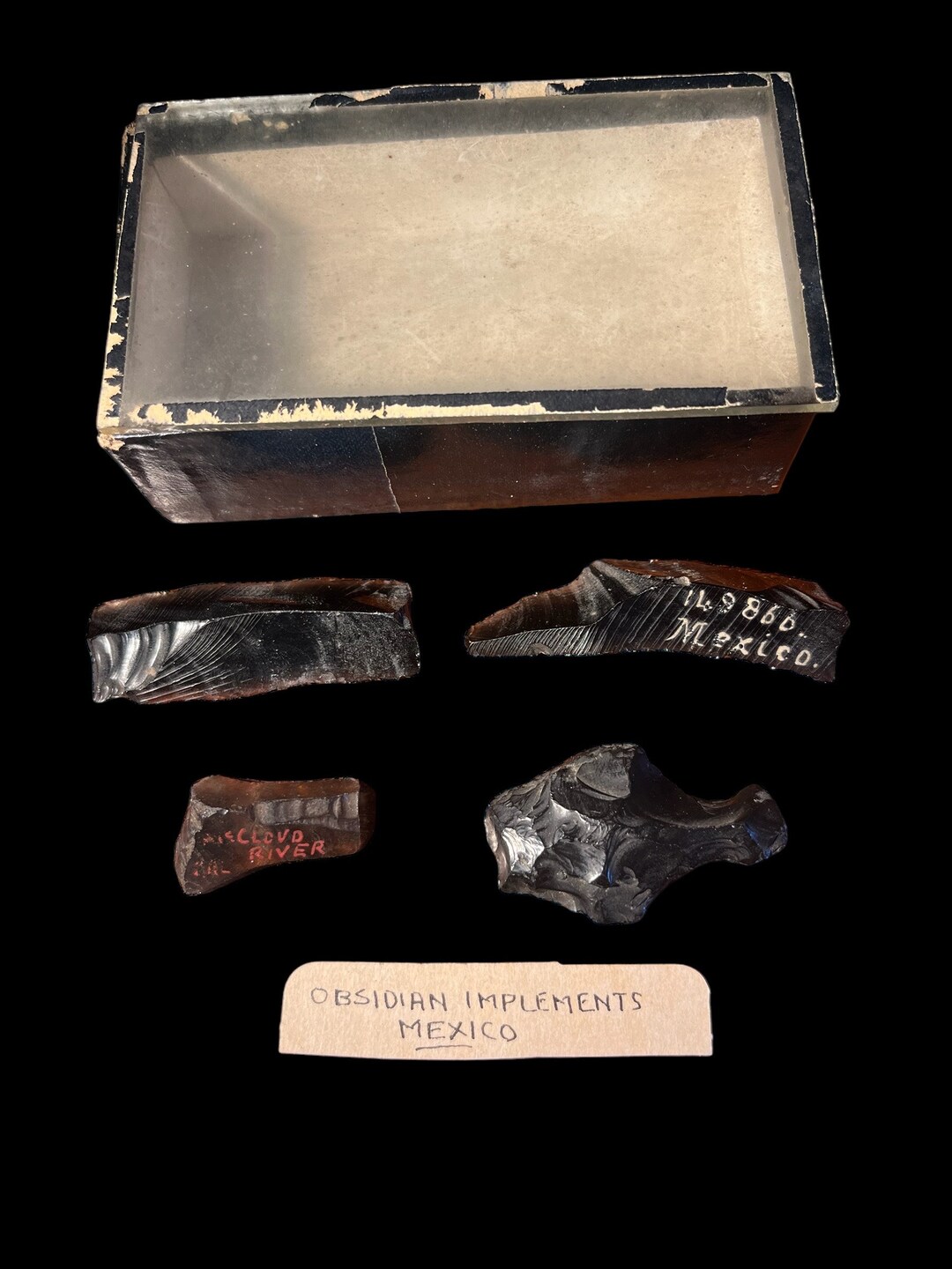 Mexico, Box of Pre Columbian Obsidian Cutting Impliments and Arrow Head ...