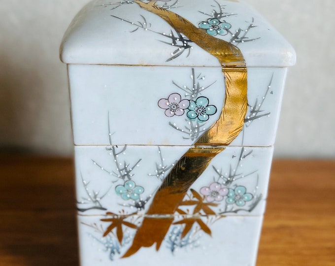 Vintage Japanese Ceramic Jubako Box, Hand Painted 3 Tier Bento Stacking ...