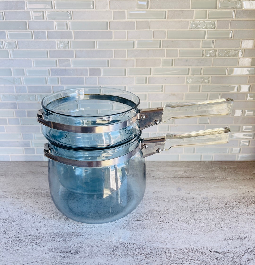 Vintage Pyrex Flameware Double Boiler Bain Marie Blue Tint Glass ...