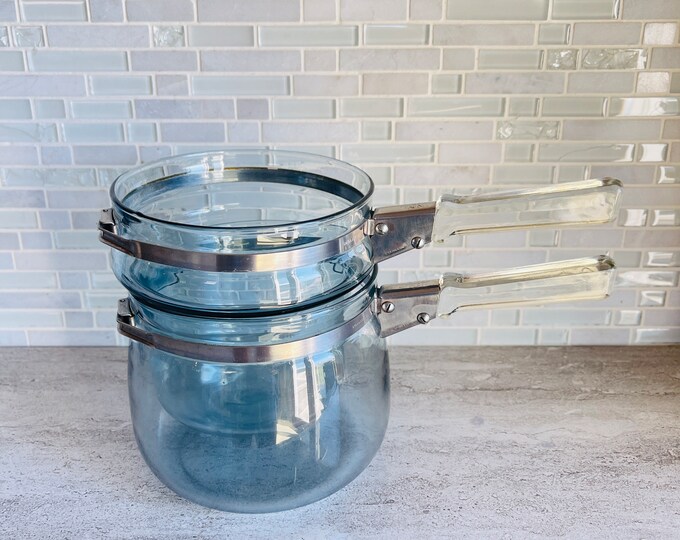 Vintage Pyrex Flameware Double Boiler Bain Marie Blue Tint Glass ...