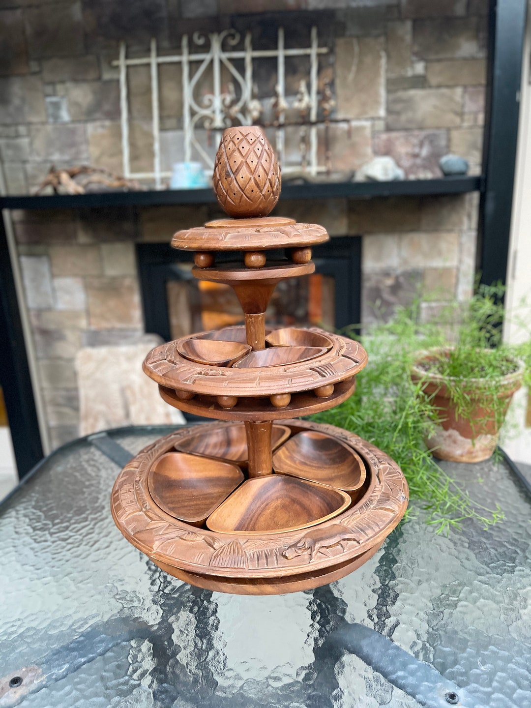 Vintage Mid Century Modern Tiki Monkey Pod Three Tier Lazy Susan Server ...