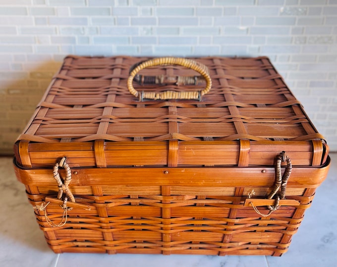 1970s Vintage Picnic Basket, Large Handmade Bamboo Picnic Basket ...