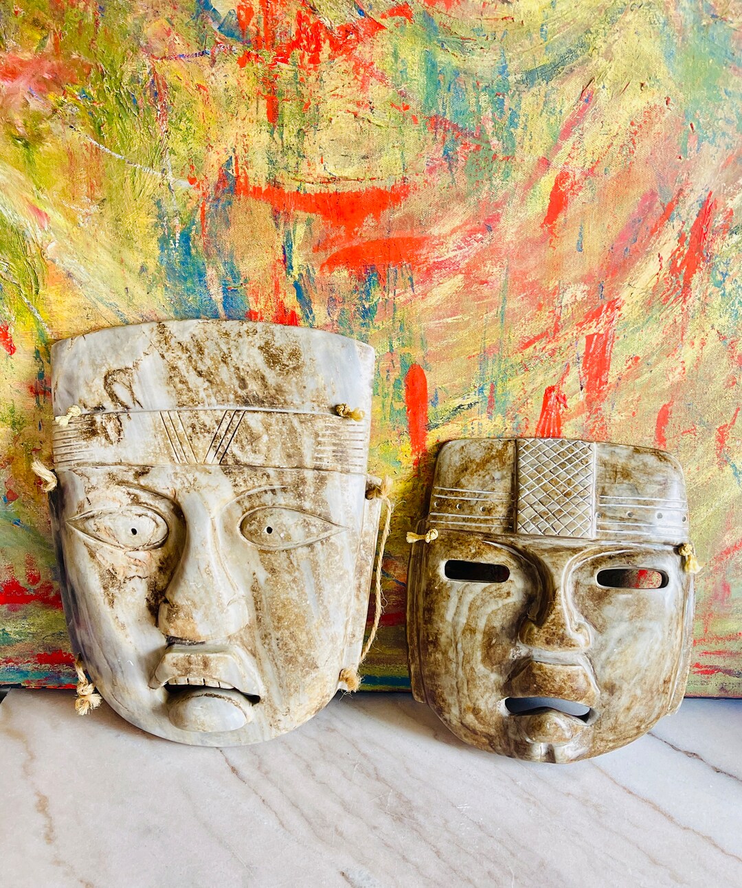 Large Marble Mayan Tribal Mask Wall Hanging, Hand Carved Vintage Marble ...