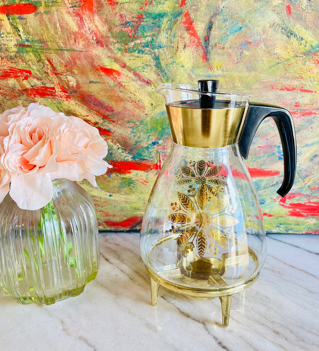 1960s Pyrex Gold Flower Glass Coffee Carafe With Warmer, 10 Cup Coffee ...