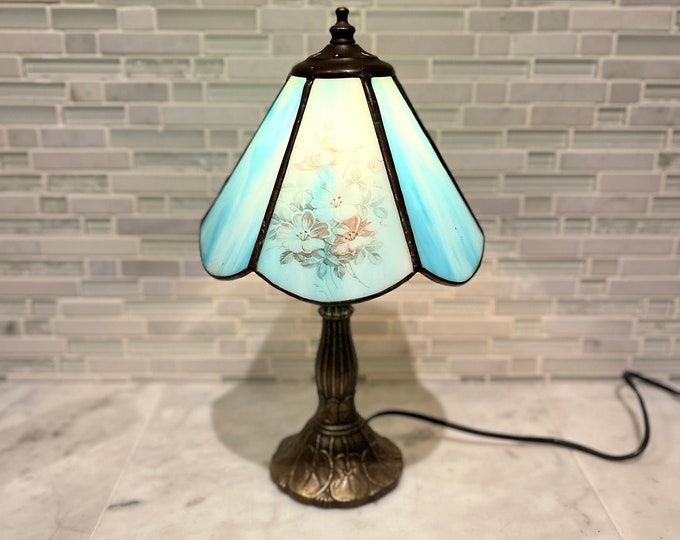 Vintage Blue Stain Glass Lamp With Brass Base, Meyda Tiffa Mini Lamp ...