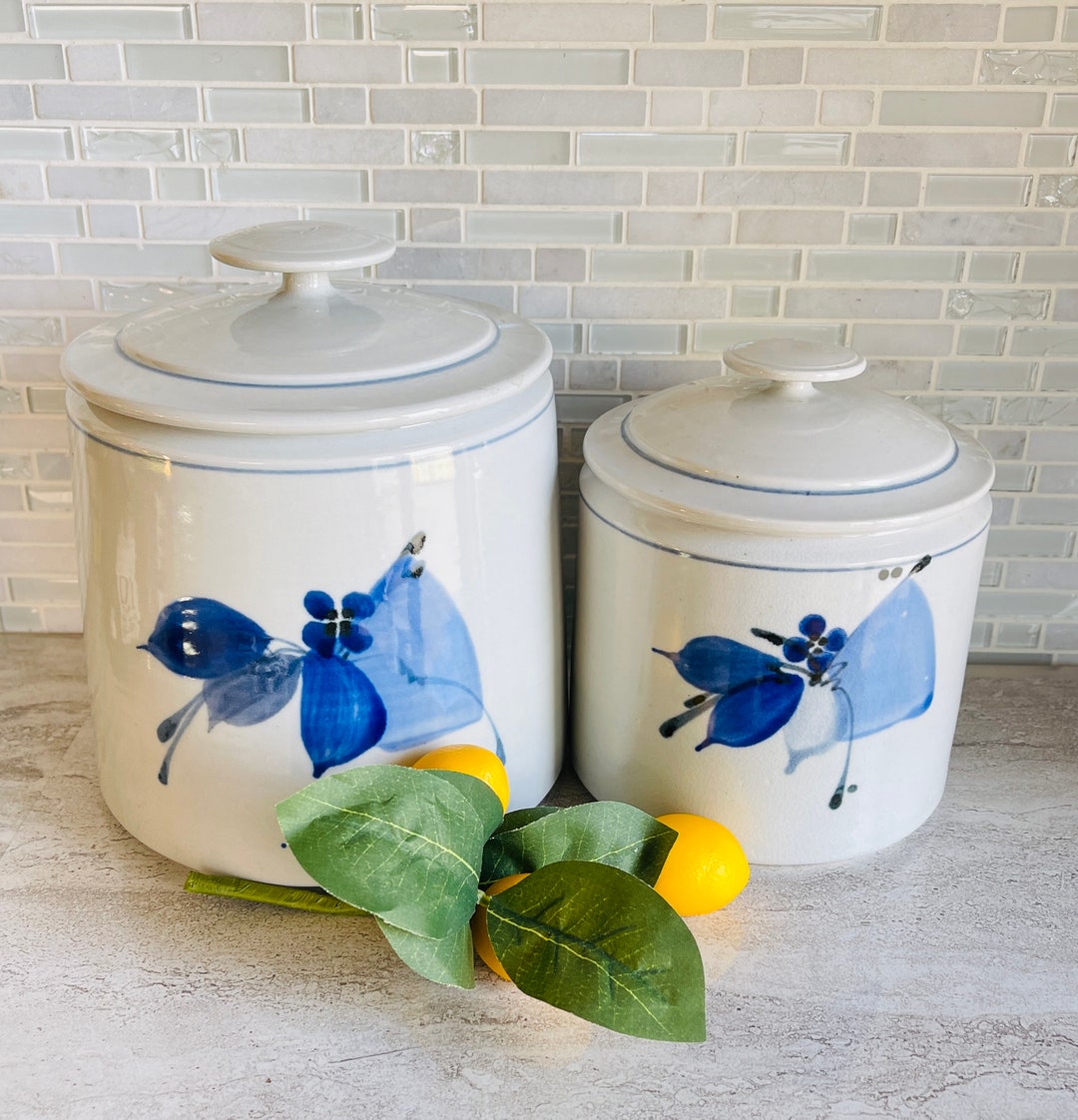 1970s Vintage Stoneware Cookie Jars, Set of 2 Cobalt Blue and White ...