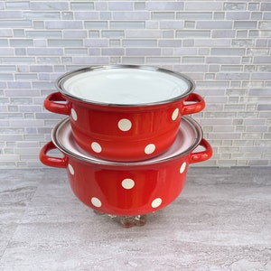 Red Enamel Pot With White Polka Dots, Casserole Skillet Casserole ...