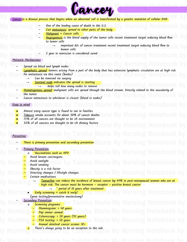 Nursing Notes Cancer Nursing Study Guide | Etsy