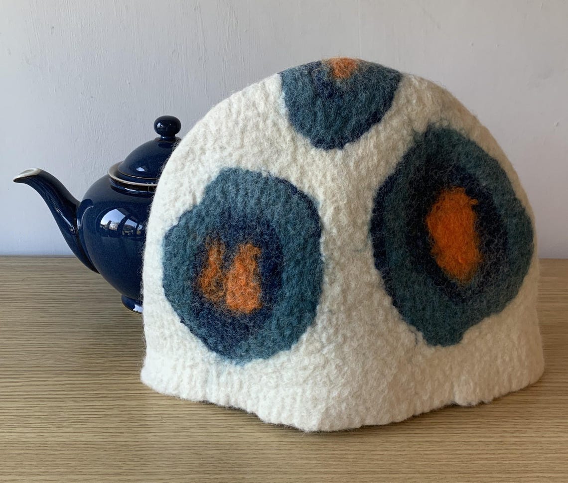 Large Wet Felted Tea Cosy - Blue Abstract Flowers - Unique Gift for Tea ...