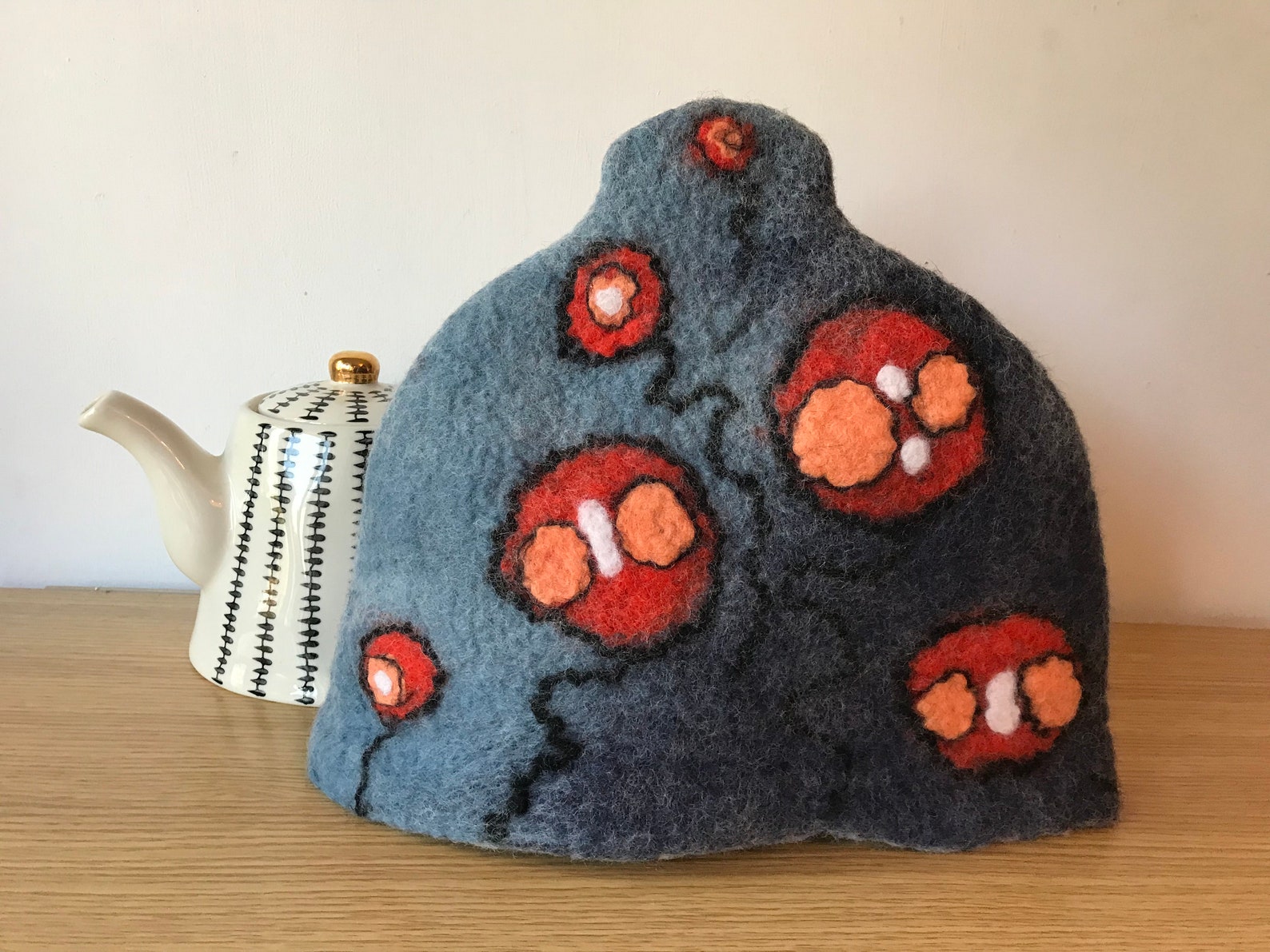 Large Wet Felted Tea Cosy - Contempotary Blue and Orange Flower Design ...