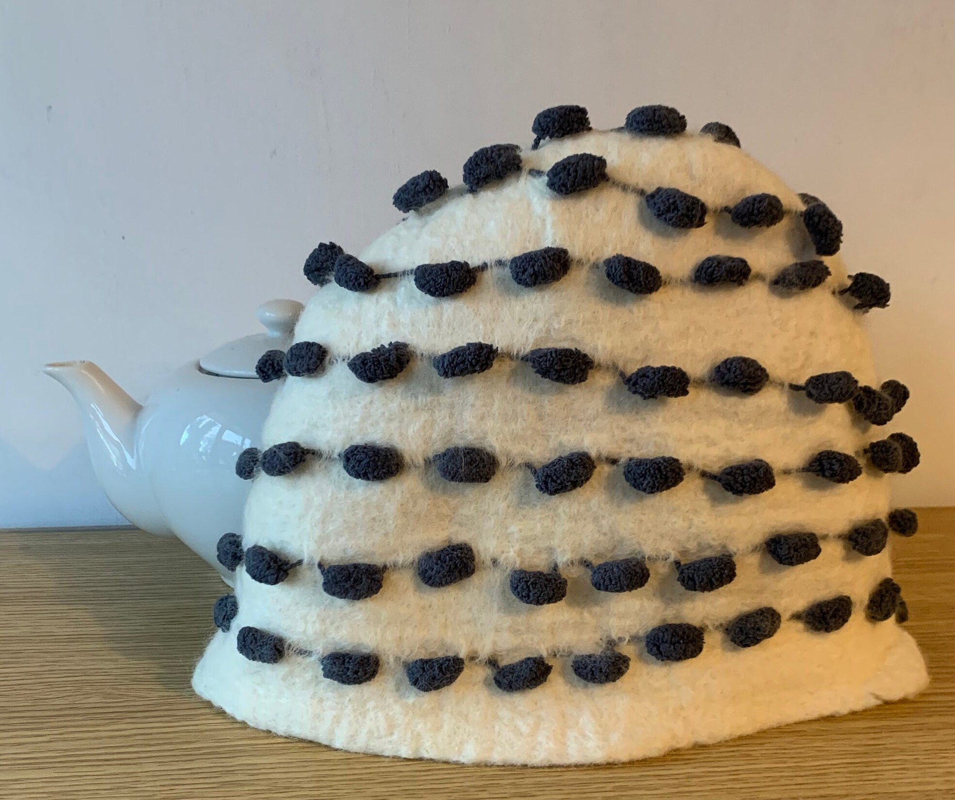 Large Wet Felted Tea Cosy Blue Fluffy Bobbles on White Unique Gift for ...