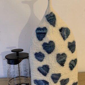 Large Wet Felted Coffee Cosy - Blue Hearts - Unique Gift for Tea Lover ...