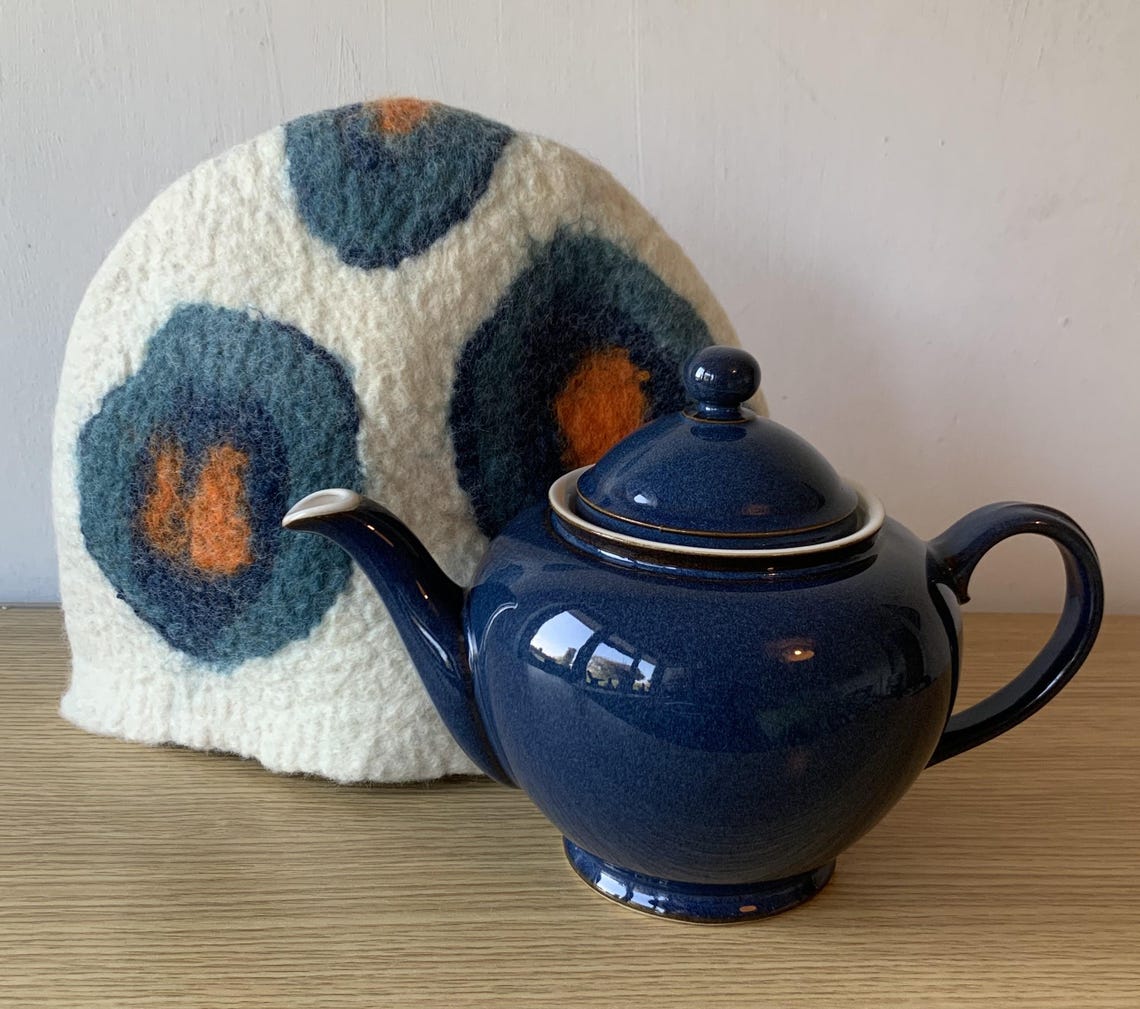 Large Wet Felted Tea Cosy - Blue Abstract Flowers - Unique Gift for Tea ...
