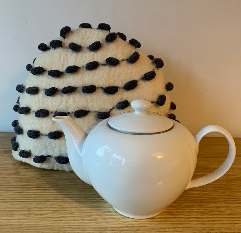 Large Wet Felted Tea Cosy Blue Fluffy Bobbles on White Unique Gift for ...