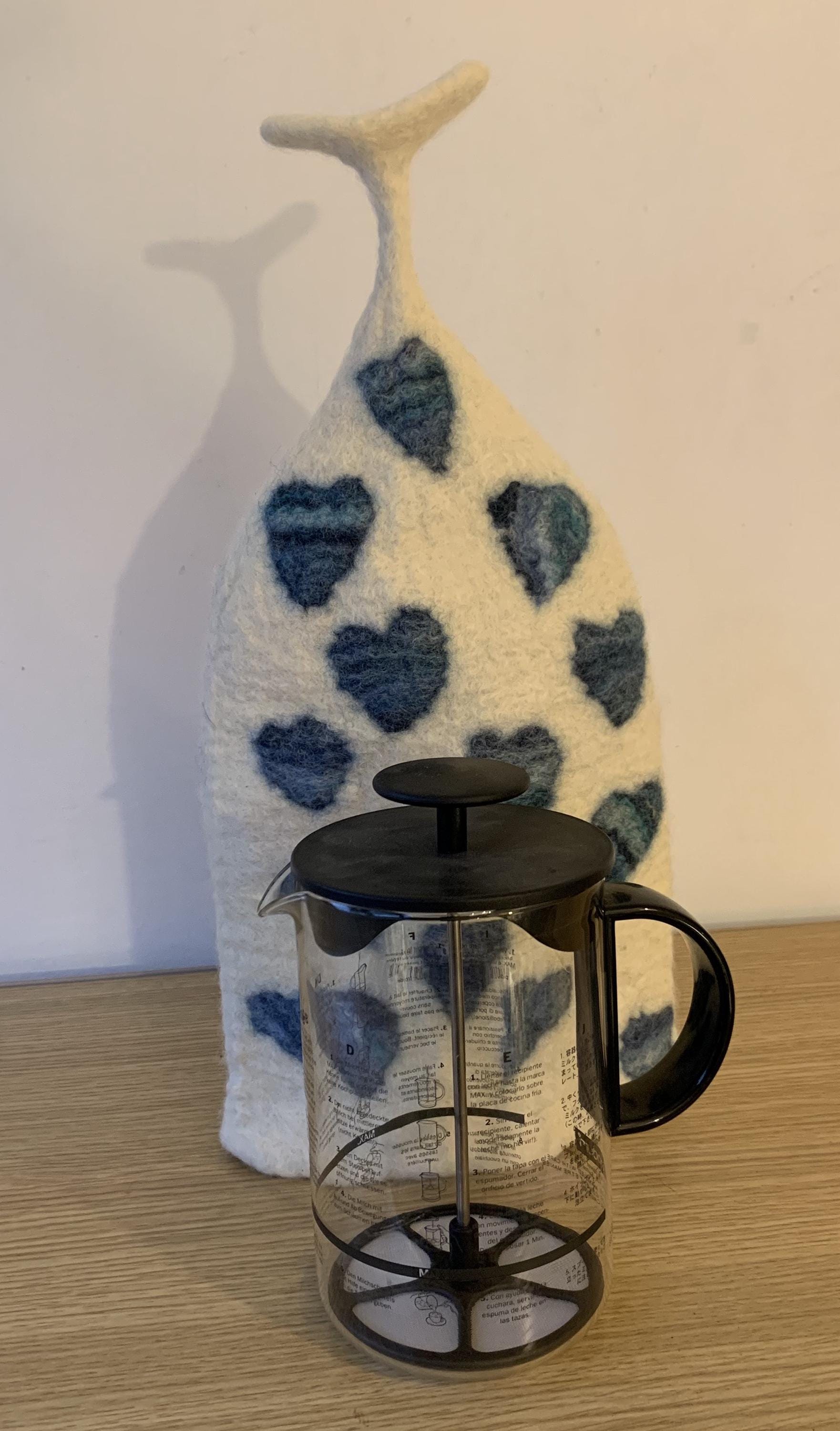 Large Wet Felted Coffee Cosy - Blue Hearts - Unique Gift for Tea Lover ...