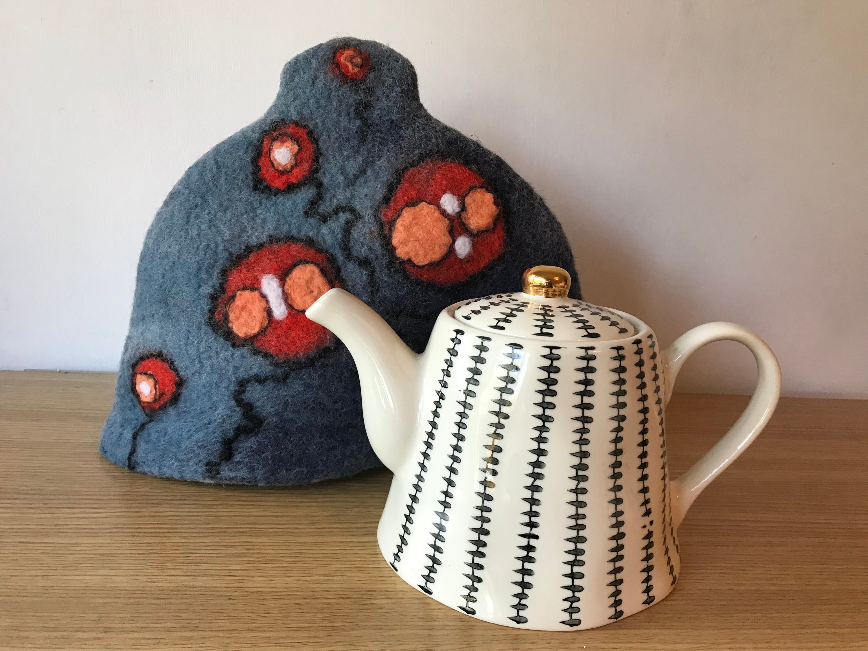 Large Wet Felted Tea Cosy - Contempotary Blue and Orange Flower Design ...